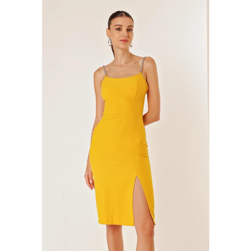 By Saygı 55079-3 Proto Chain Strap Dress with a Slit in the Front ...