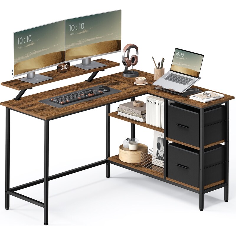 Radni stol L-oblika s 2 prostorne ladice i podesivom policom ...